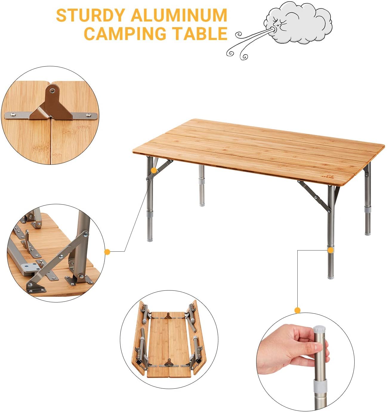 ATEPA Bamboo Folding Table Portable Camping Table with Carry Bag Heavy Duty Adjustable Height Bamboo Table, Easy to Carry and Clean, Great for Outdoor Picnic Beach Backyard, 31.5"(L) x 23.6"(W)