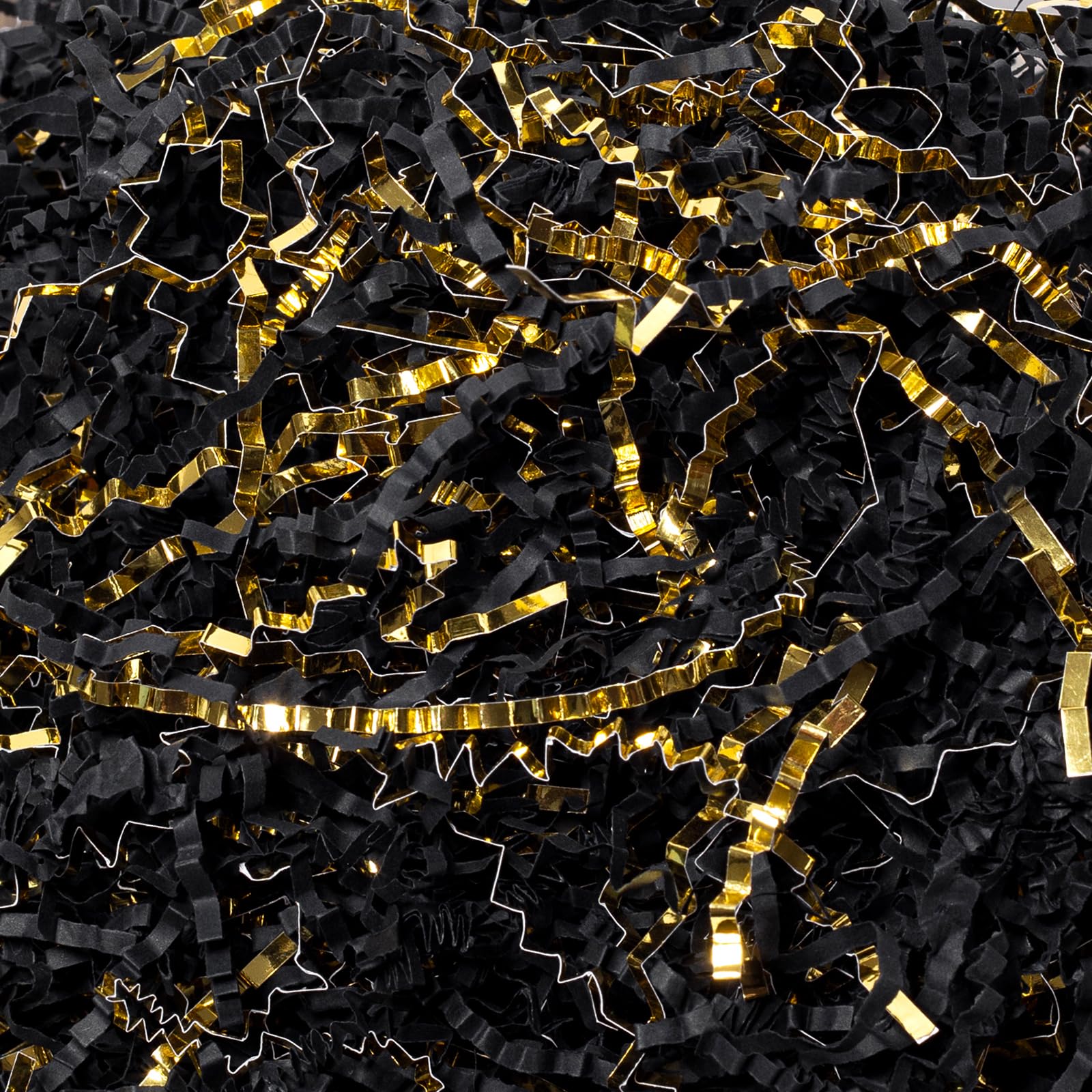 Mcfleet 1 LB Crinkle Cut Paper Shred Filler Black & Gold Crinkle Paper Shredded Paper for Gift Box - Gift Basket Filler - Gift Box Stuffing for Christmas, Halloween Packaging Wrapping