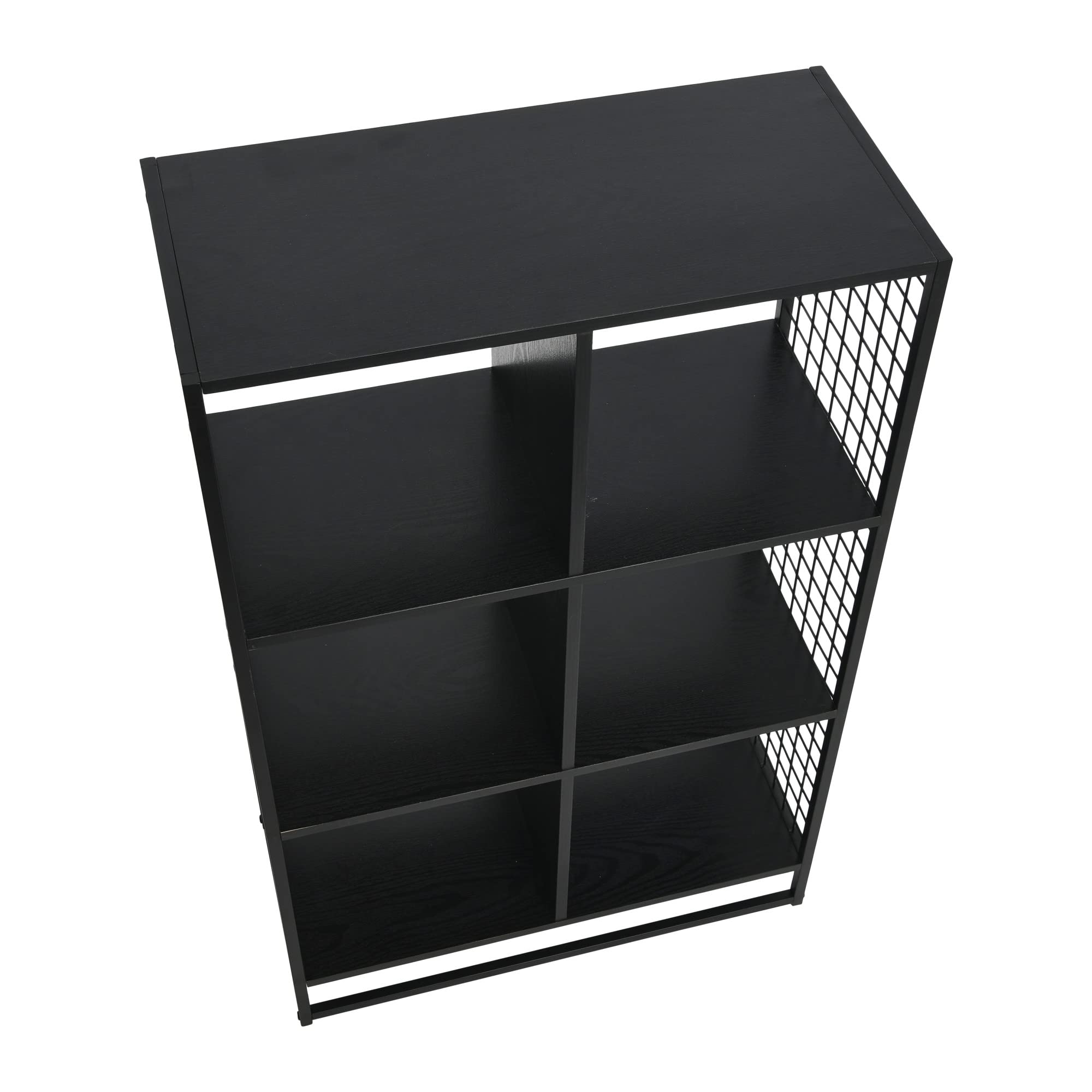 Household Essentials Trellis Open Storage Bookshelf with 6 Cube Compartments Black Oak Wood Grain and Black Metal
