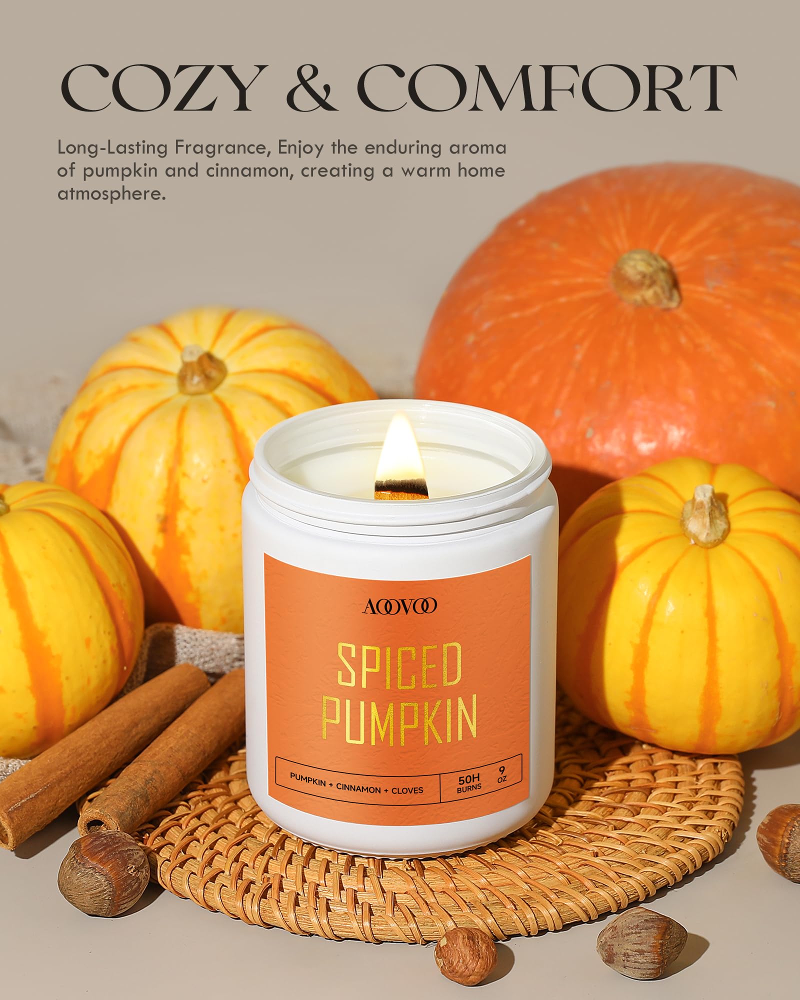 AOOVOO Spiced Pumpkin Candle - Pumpkin Candle, Wood Wick Candles, Fall Candles, Scented Candles, Scented Candles, Soy Candle, 9oz