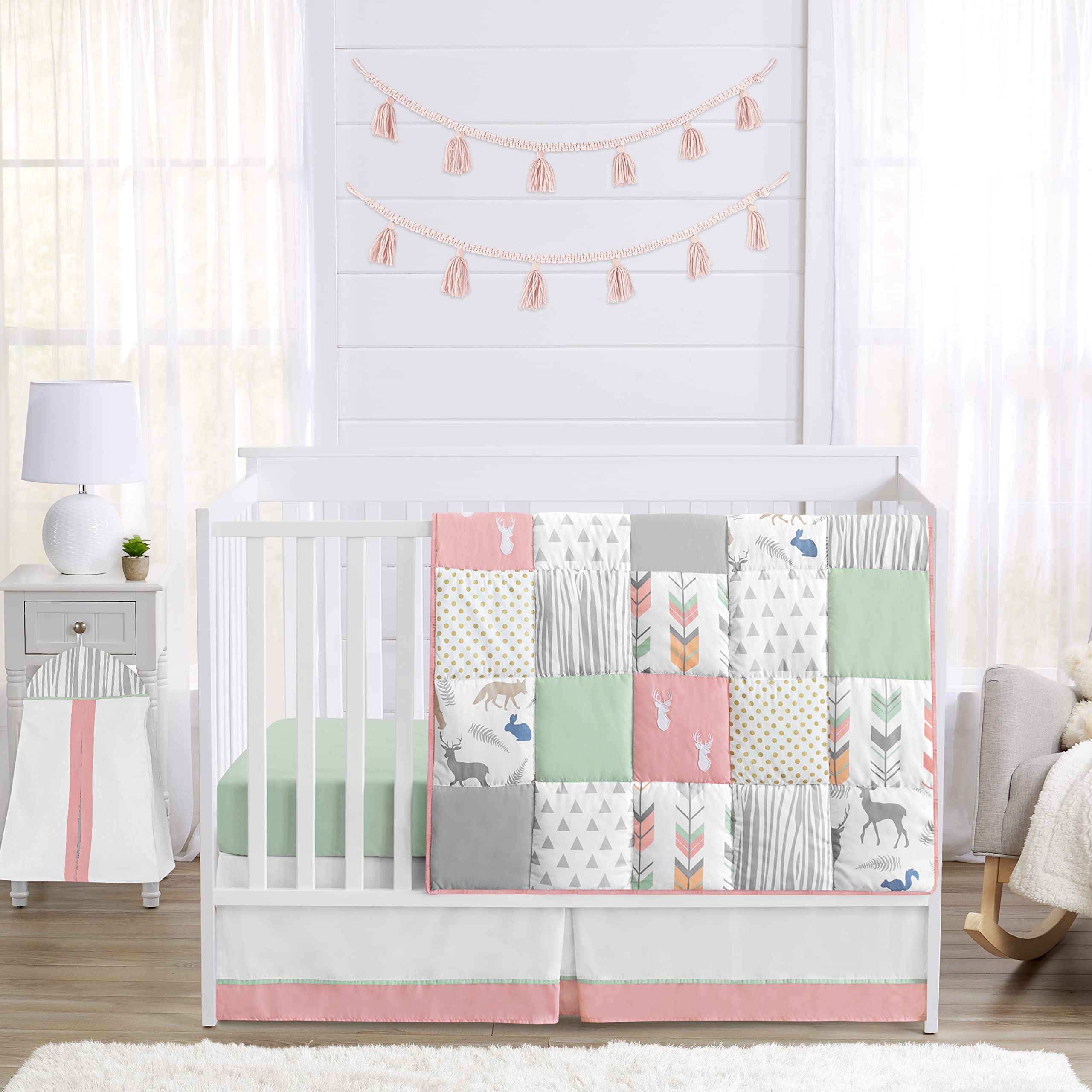 Sweet Jojo Designs Coral, Mint and Grey Woodsy Deer Girls Baby Bedding 4 Piece Crib Set