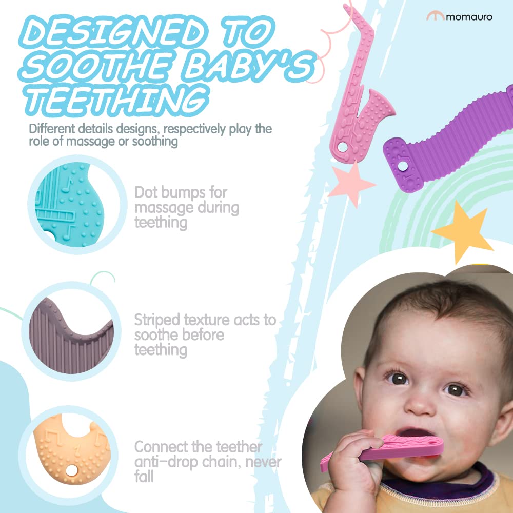 Baby Teething Toys for Babies 6-12 Months, Musical Instrument Set Baby Teether(Includes Anti-Drop Chain), BPA Free Silicone Teethers for Babies, Soft Baby Chew Toys for Soothe Baby's Sore Gums