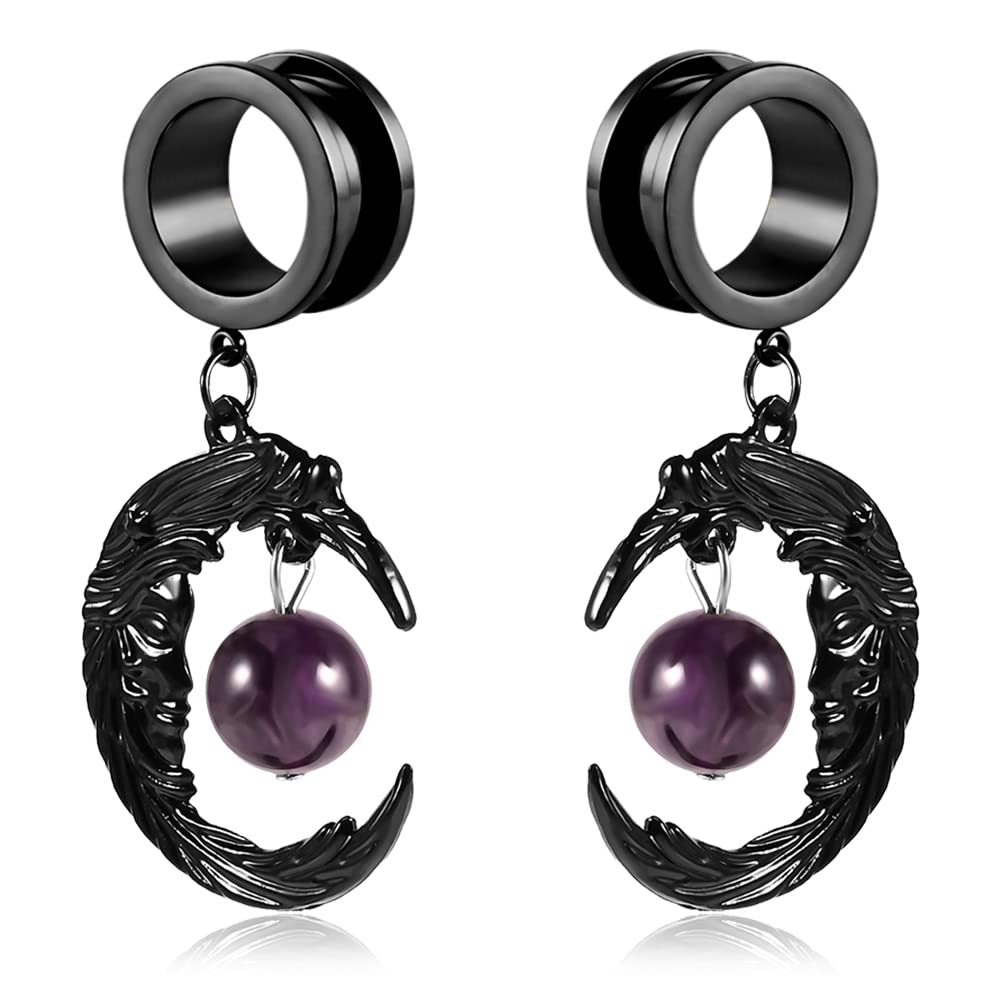 Atomhole 2PCS Moon Dangle Ear Tunnels Gauges 316 Stainless Steel Hypoallergenic Earrings Plugs Expanders for Stretched Piercing Body Jewelry (10mm(00G), Black)