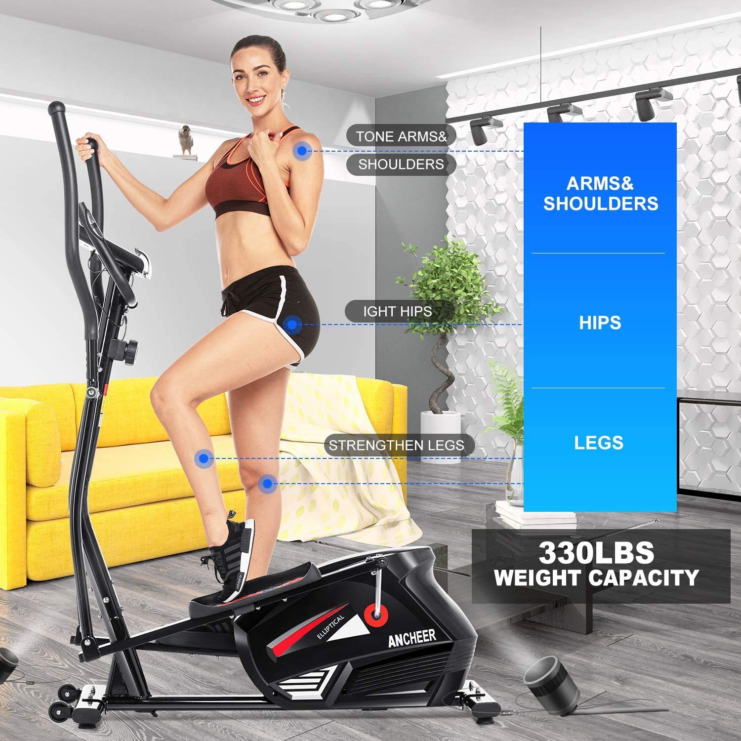 ANCHEER APP Elliptical Machine, 2021 Newest Elliptical Machine for Home Use with Pulse Rate Grips and LCD Monitor, Magnetic Smooth Quiet Driven