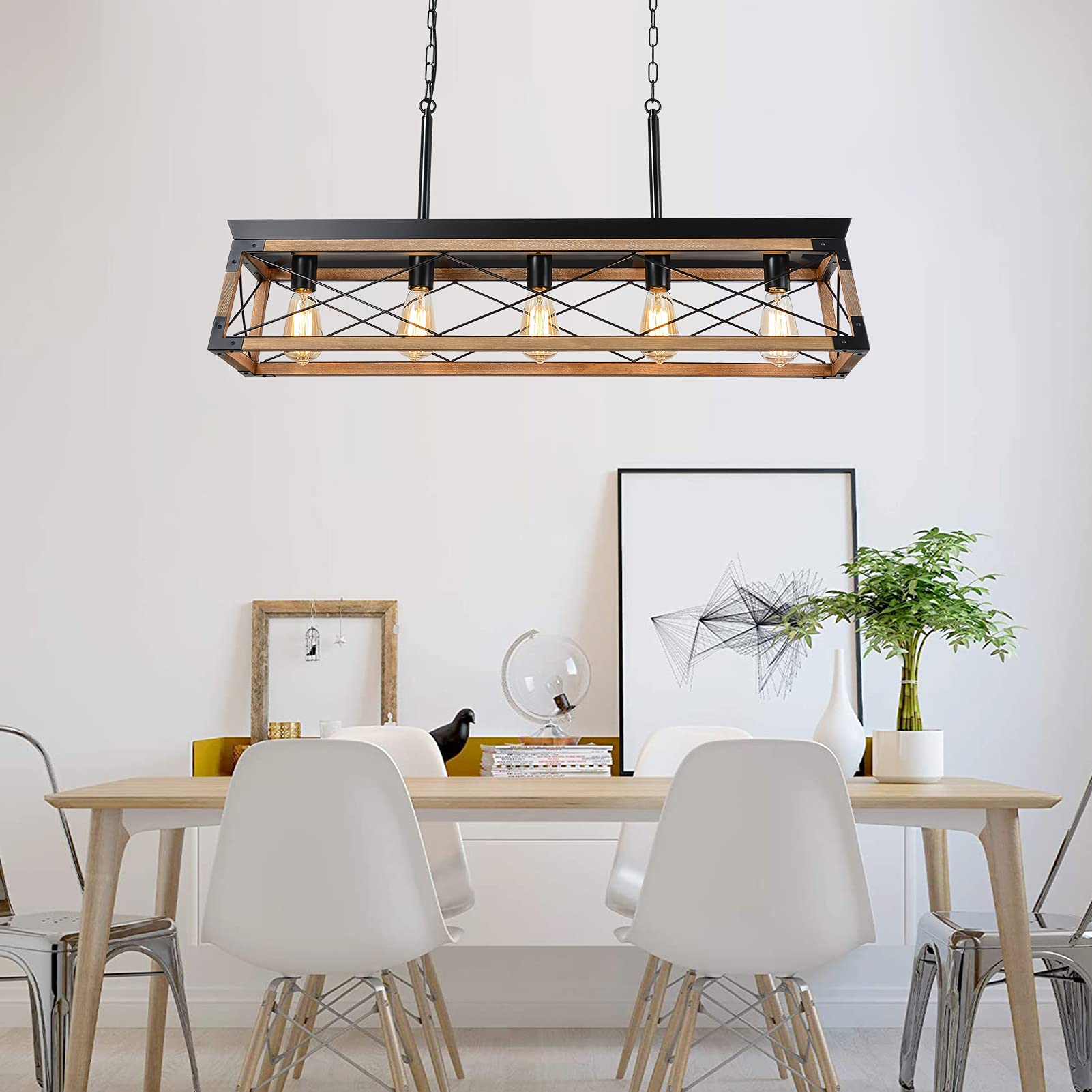 Aivvus 37.8 inch Farmhouse Wood Chandeliers, Rectangle 5 Lights Dining Room Lighting Fixtures Hanging, Kitchen Island Cage Industrial Pendant Light, Rustic Linear Chandelier Ceiling Light, Adjustable