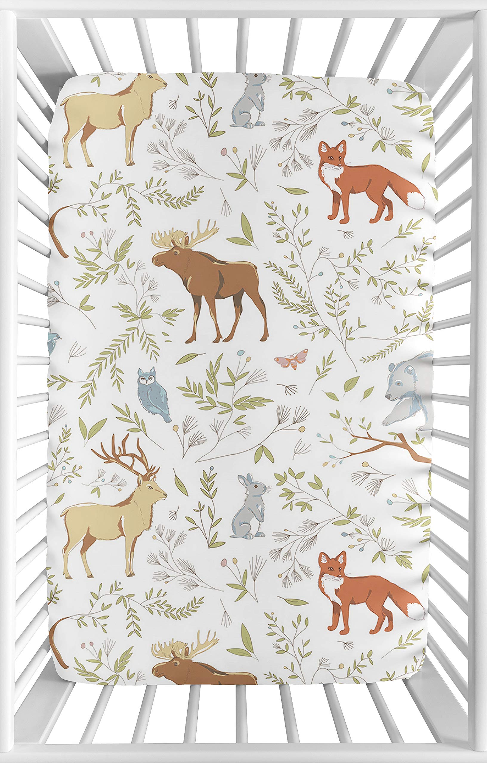 Sweet Jojo Designs Animal Print Baby Boy or Girl Unisex Fitted Mini Portable Crib Sheet for Woodland Toile Collection - for Mini Crib or Pack and Play ONLY
