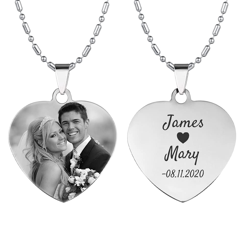 AIPNIS Personalized Custom Photo Text Engraved Stainless Steel Heart Necklace Dog Tags Necklace Message Pendant Customized Birthday Gift