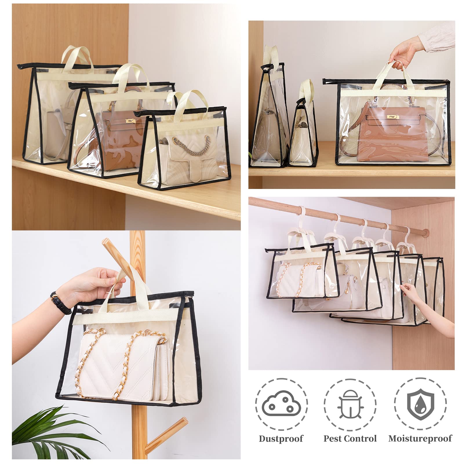 8 Pack Dust Bags for Purses and Handbags, DSVENROLY Clear Handbag Storage, Purse Organizer Insert for Handbag with Zipper and Handle (Beige, 4 Sizes)