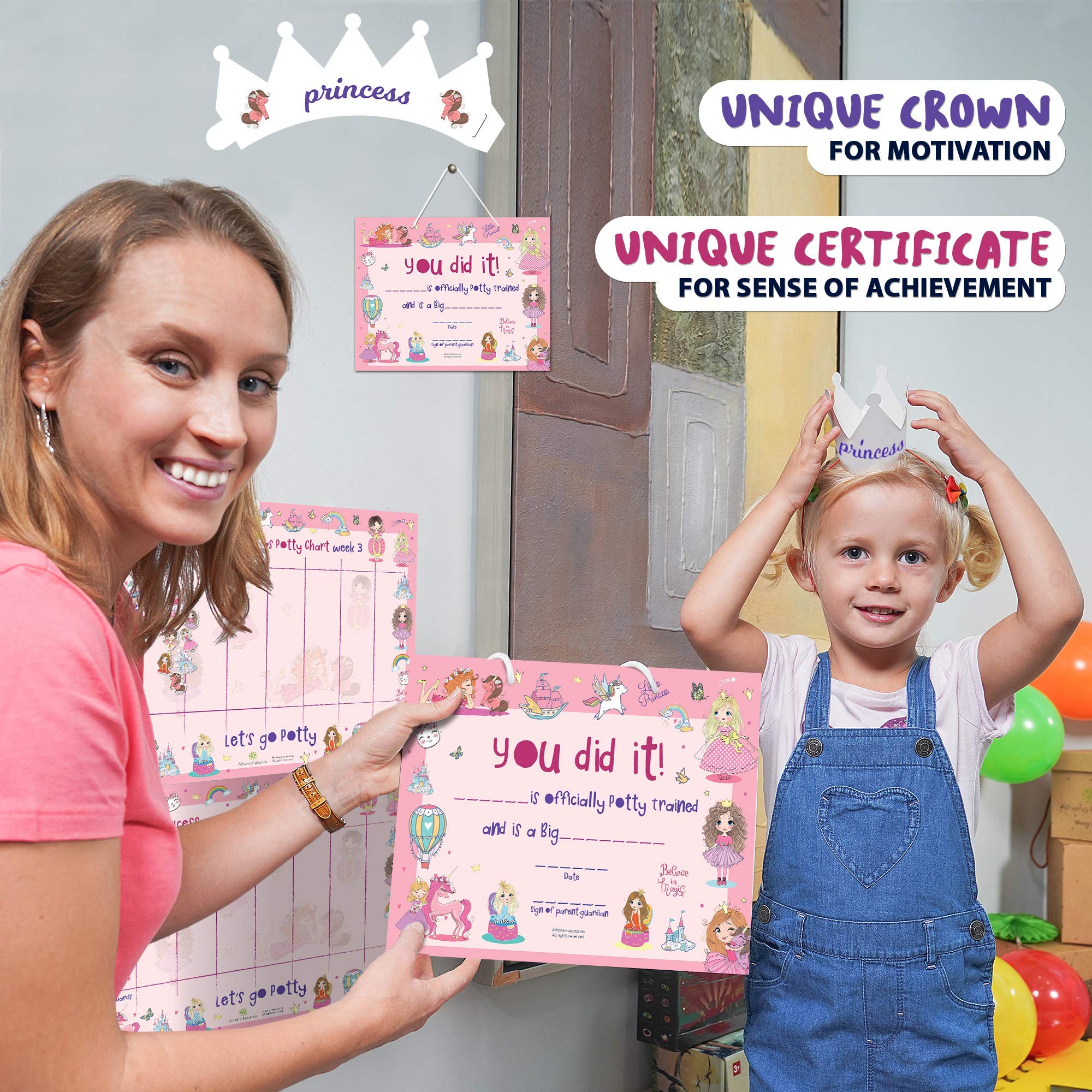 ATHENA FUTURES Potty Training Timer Watch with Flashing Lights and Music Tones Unicorn Pattern and Potty Training Chart for Toddlers - Princess Design - Sticker Chart, 4 Week Reward Chart