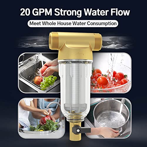 Besdor Swater 1 Spin Down Sediment Filter For Well Water, Reusable Whole House Pre-Filter System, 40 Micron, 316L Stainless Steel Mesh, Solid Lead-Free Brass, 1” MNPT + 3/4” FNPT + 3/4" MNPT