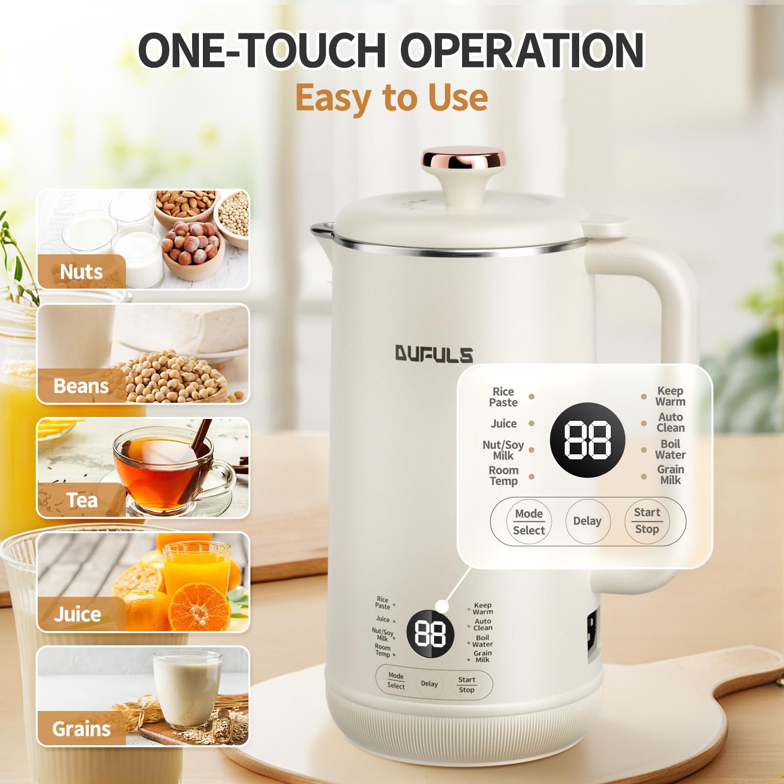 Dufuls 8 in 1 Nut Milk Maker, 40.58oz Soy Milk Maker with10 Blades, Automatic Almond Milk Machine for Homemade Plant-Based Milk, Oat, Soy, Non-Dairy Beverages with Delay Start/Keep Warm/Self-Cleaning