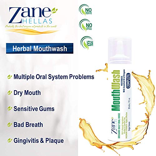 Zane Hellas MouthWash. Oral Rinse with Oregano Oil Power. Ideal for Gingivitis, Plaque, Dry Mouth, and Bad Breath. Alcohol and Fluoride Free. 100% Herbal Solution. 2 fl.oz.-60ml.