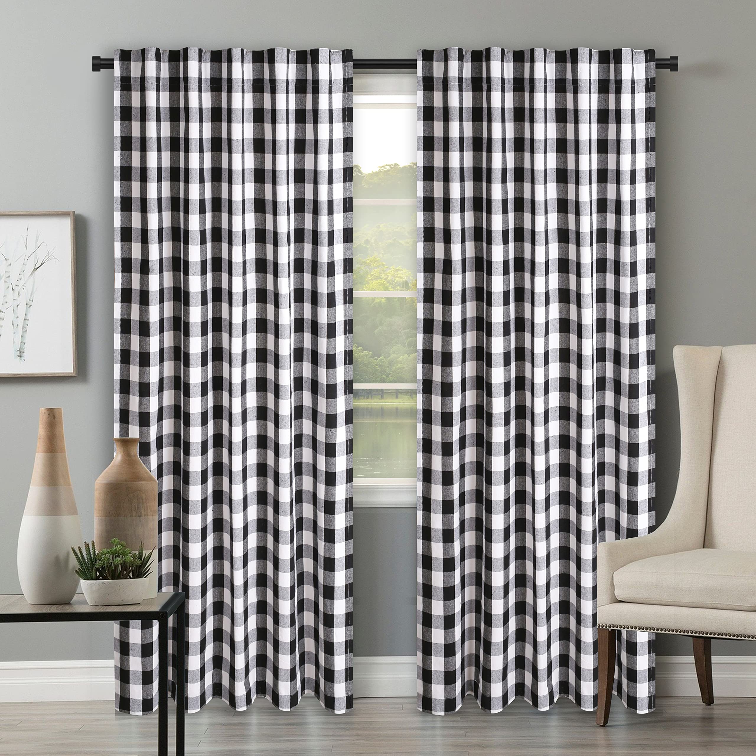 Alpha Living Home Farmhouse Cotton Black and White Buffalo Gingham Check Window Curtains, 50" x 72" 2 Pack Gingham Check Curtain - Black White Bedroom Curtain 72 Inches, Check Tab Top Curtains