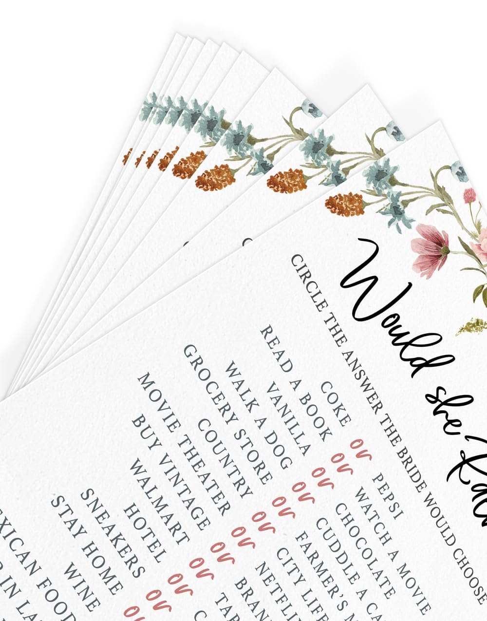 Printed Party Bridal Shower Game Set β 4 Fun Games and Activities for 30 Guests, Includes Bingo, Emoji Guessing, and Bride & Groom Trivia, Love In Bloom Wildflower Design