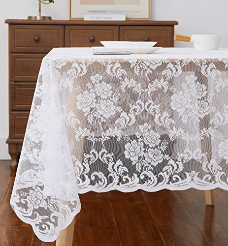 ASATEX 60 x 84 Inch White Rectangle Lace Tablecloth. Classic Stylish Floral Pattern is Ideal Choice for Any Luxury Dining Room, Birthday, Wedding or Holiday Celebration. MIT White 84"