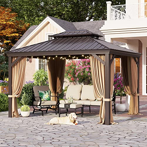 PHI VILLA 10' X 12' Outdoor Hardtop Gazebo on Clearance, Double Roof Gazebo with Curtains and Netting, Permanent Pavilion Gazebo with Aluminum Frame for Patios, Gardens, Lawns(Brown)