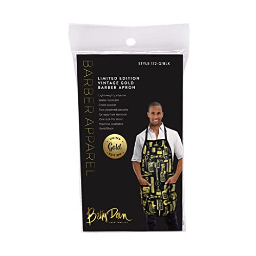 Betty Dain Vintage Barber Apron, Lightweight, Water-Resistant Crinkle Nylon Fabric, 2 Chest Pockets, 2 Bottom Pockets with Zippers, Adjustable Neck Closure, Gold/Black