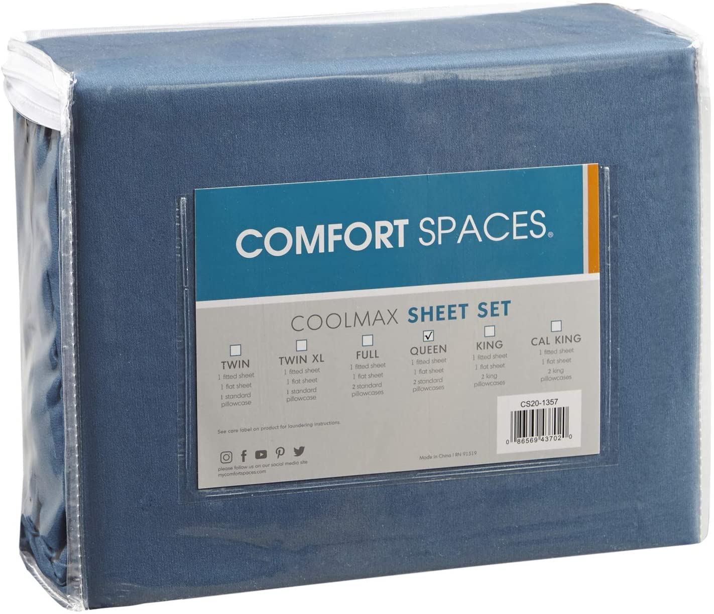 Comfort Spaces Queen Cooling Sheets, Moisture Wicking Coolmax Sheets, Soft, Colorfast Sheet Set, Cooling Bed Sheets For Hot Sleepers, Elastic Deep Pocket Fits Up to 16" Mattress, Queen Teal 4 Piece