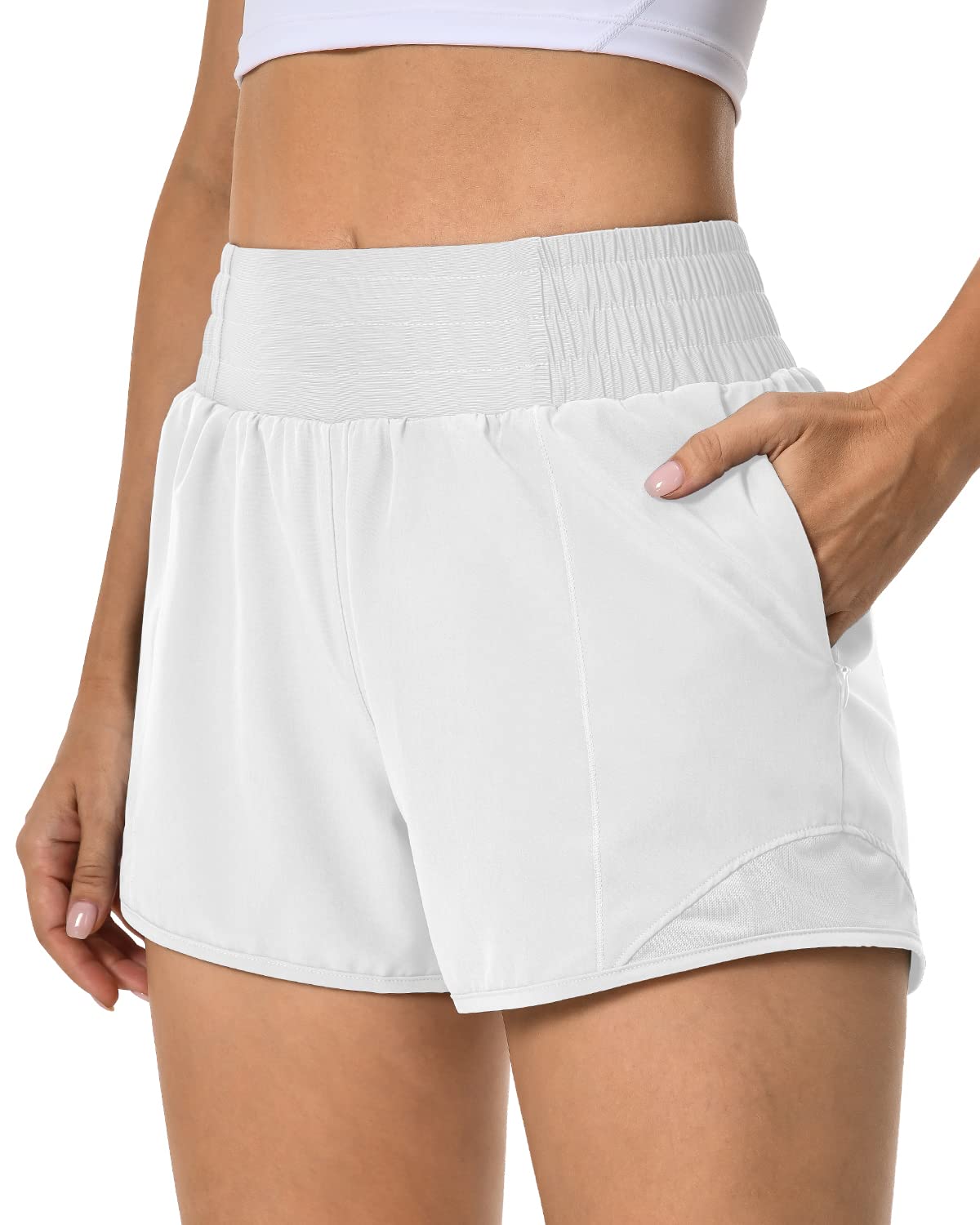AVGO Athletic Shorts for Women High Waisted Quick-Dry Running Shorts with Pockets Elastic Sport Layer Workout Shorts(White, S)