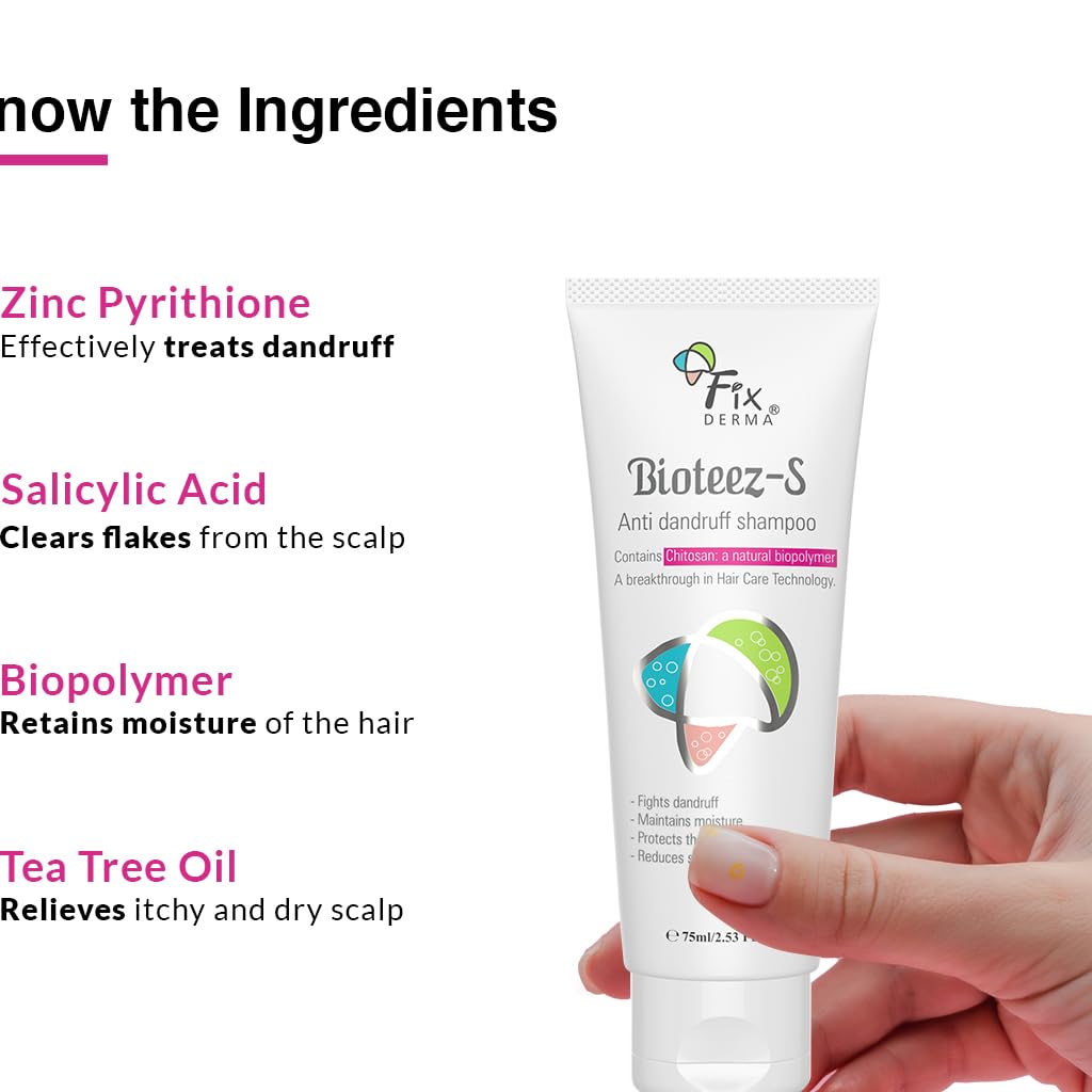 FIXDERMA 2% Salicylic Acid Bioteez-S Shampoo with 1% Zinc Pyrithione & Tea Tree Oil | Anti Dandruff Shampoo | Sulphate & Paraben free Shampoo - 2.65 Fl Oz