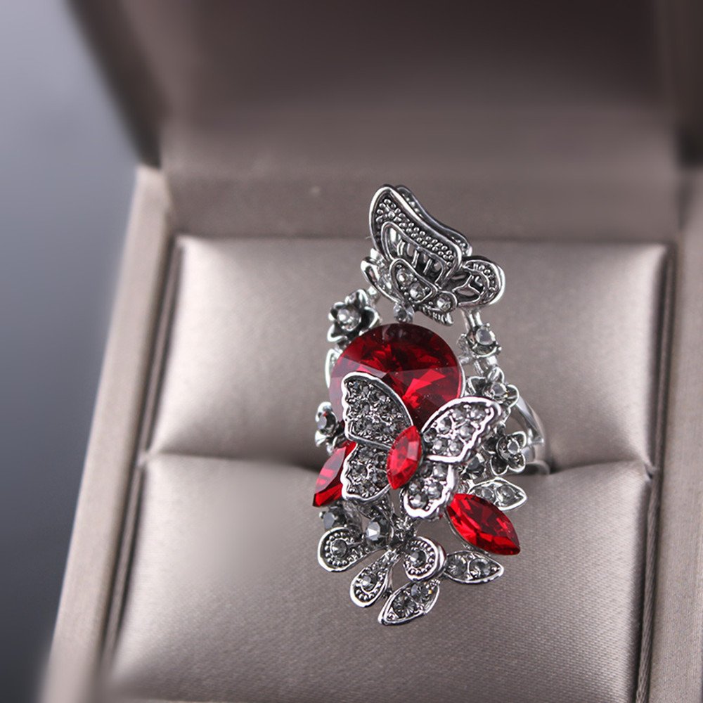 Ajojewel Red Crystal Rhinestone Flower and Butterfly Rings For Women Retro Vintage Jewelry (Red, 8)