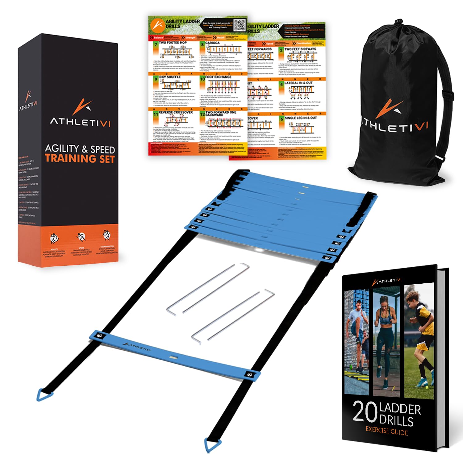 Athletivi Agility Training Equipment Set for Proffesional Training, Adults, Youth & Kids. Soccer & Footbal Training Set with Fixed-Rung Ladder - Enhance Speed, Power & Strength. (Orange Set)