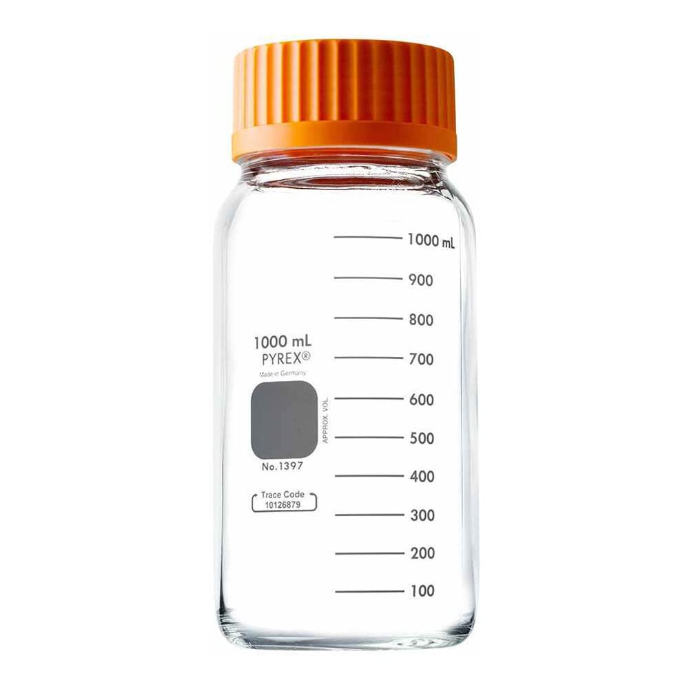 Corning Pyrex Borosilicate Glass Cylindrical Wide Mouth Media Storage Bottle with GLS80 Screw Cap, 1000ml Capacity (Case of 10)