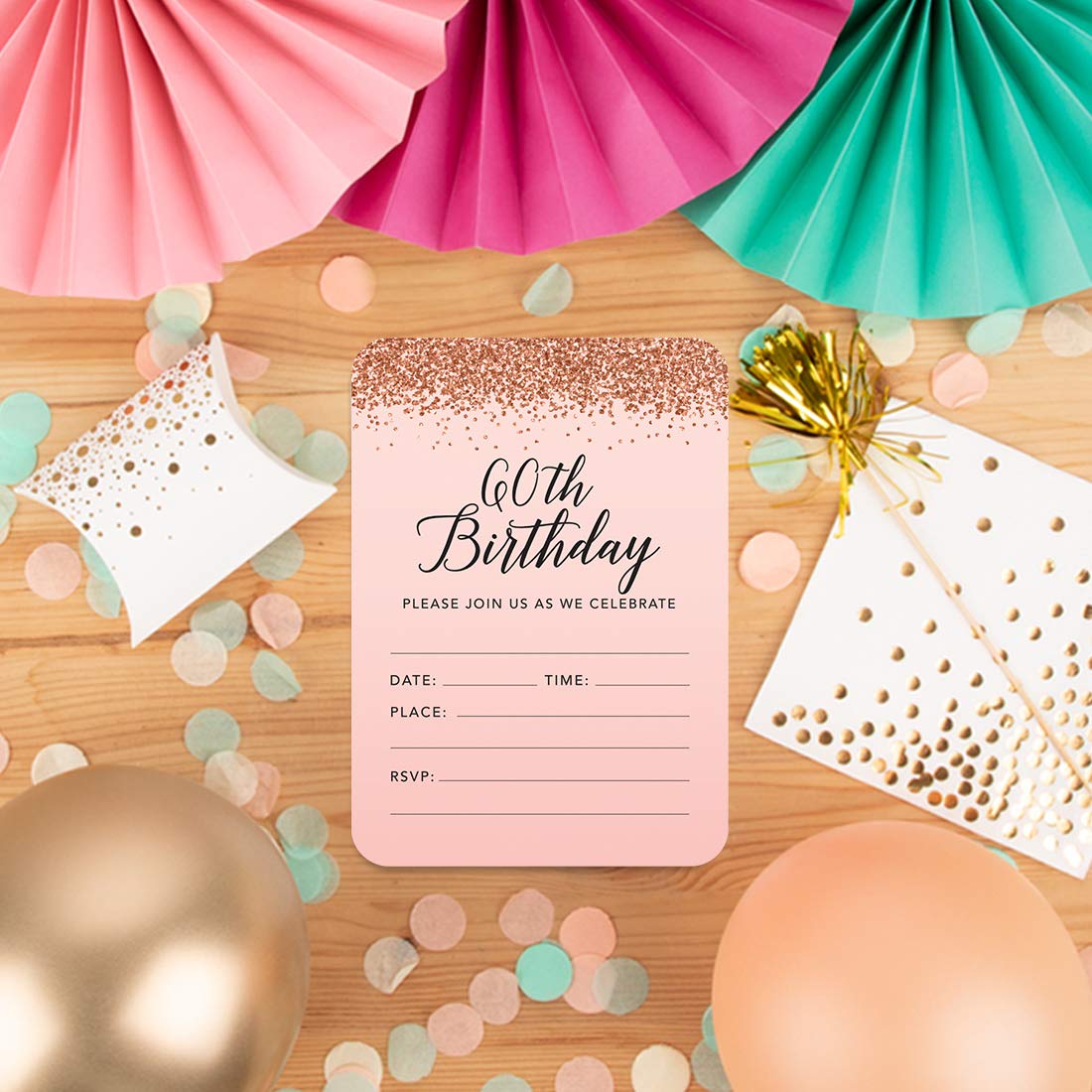 Andaz Press Blush Pink and Rose Gold Glitter Elegant Party Collection, 5x7-inch Invitations with Envelopes, 60th Birthday, 24-Pack, Double Sided Printing, Heavy Card Stock, Includes Envelopes
