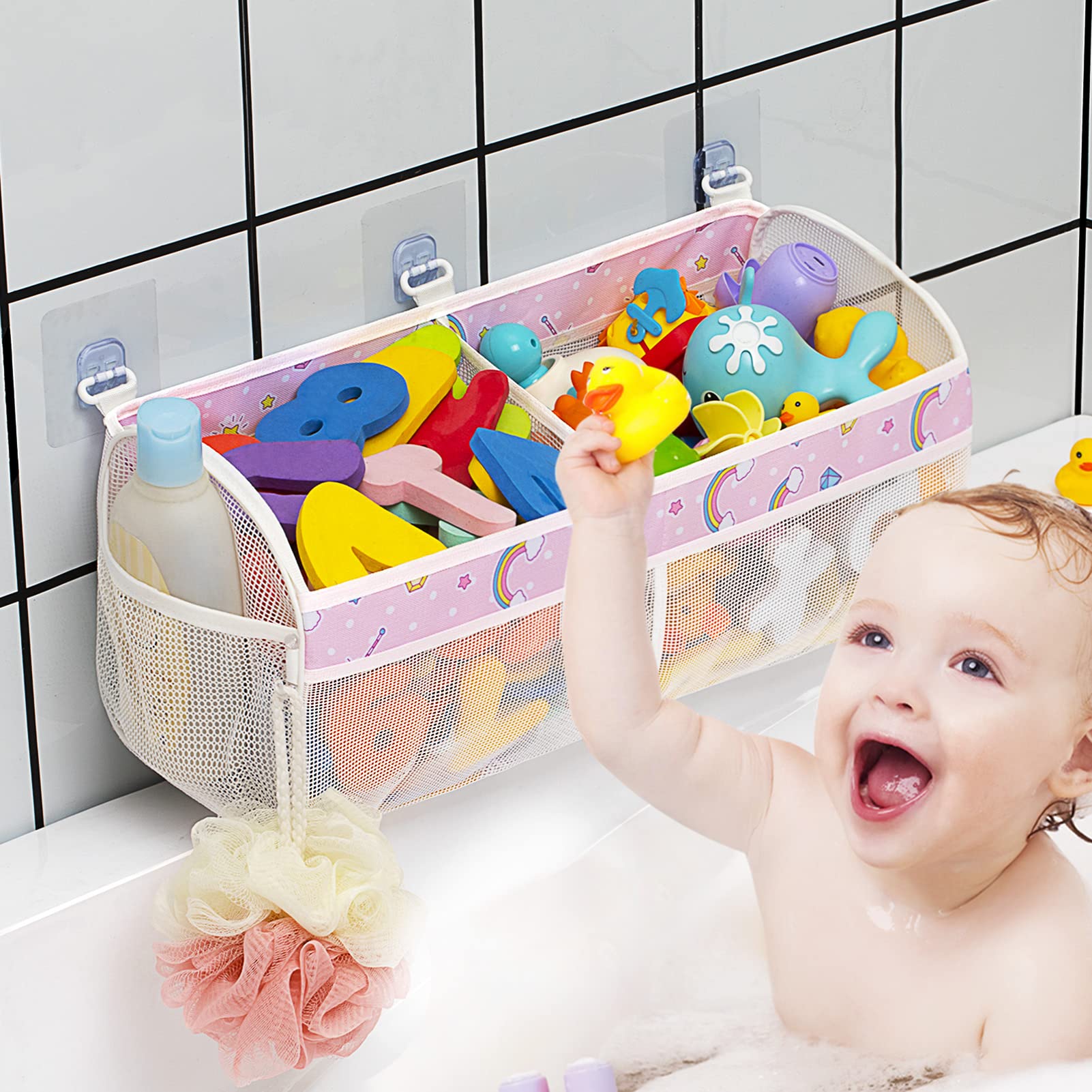 Austion Mesh Bath Toy Storage for Tub - Sorting Baby Toys Bath Tub Toy Holder - Extra Large Capacity Bath Toy Organizer with Large Openings, Quick-drying and breathable (Pink)