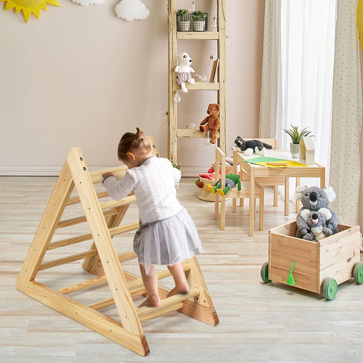 INFANS Kids Wooden Triangle Climber, Toddler Climbing Toys with 3 Different Climbing Ladders, Indoor Playful Climbing Toys with Stable Structure, Gift for 3+ Boys Girls