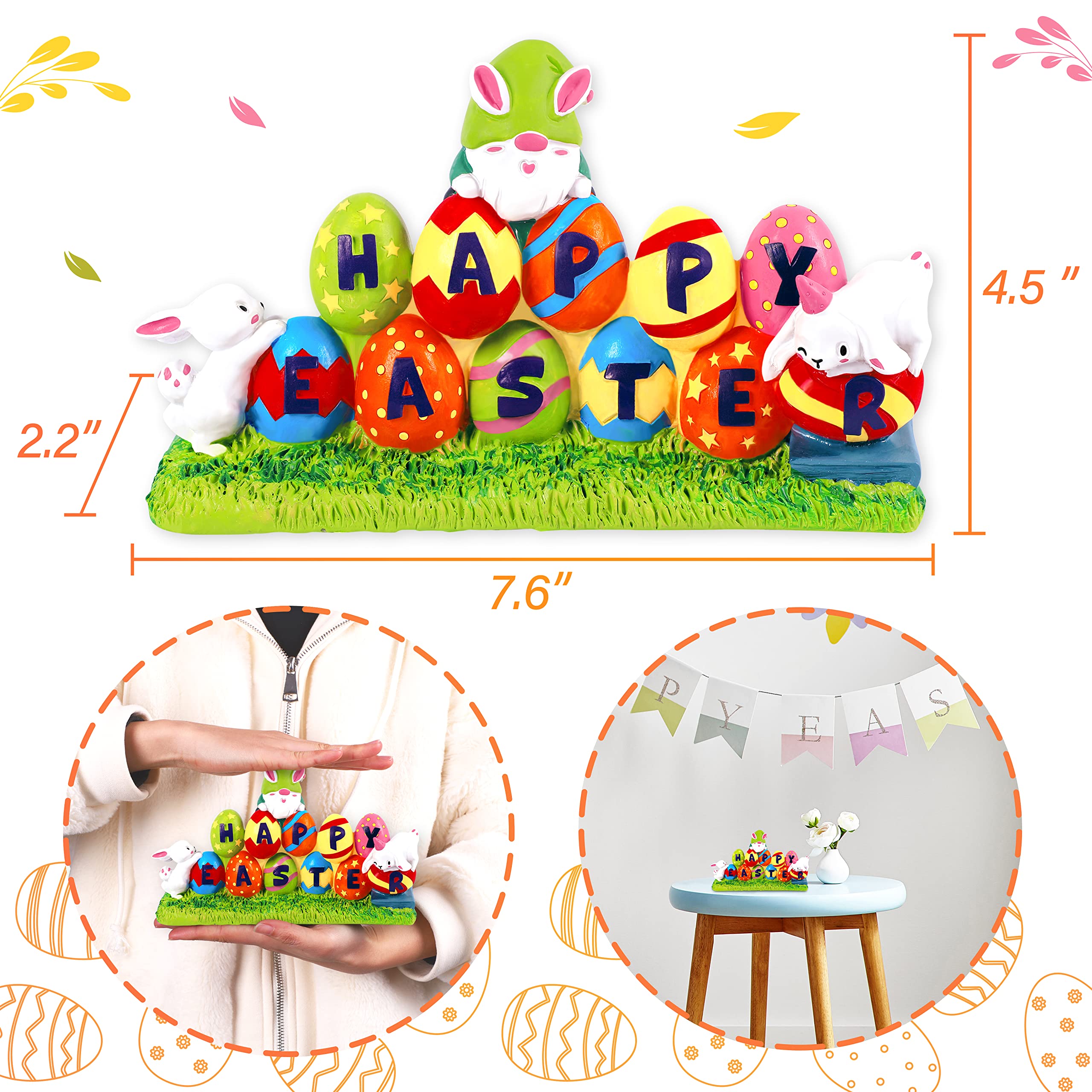 luck sea Easter Decorations Table Centerpiece - Egg Bunny Gnome Figurine Spring Tabletop Decor Home Party Ornament Gift (Hand Painted)