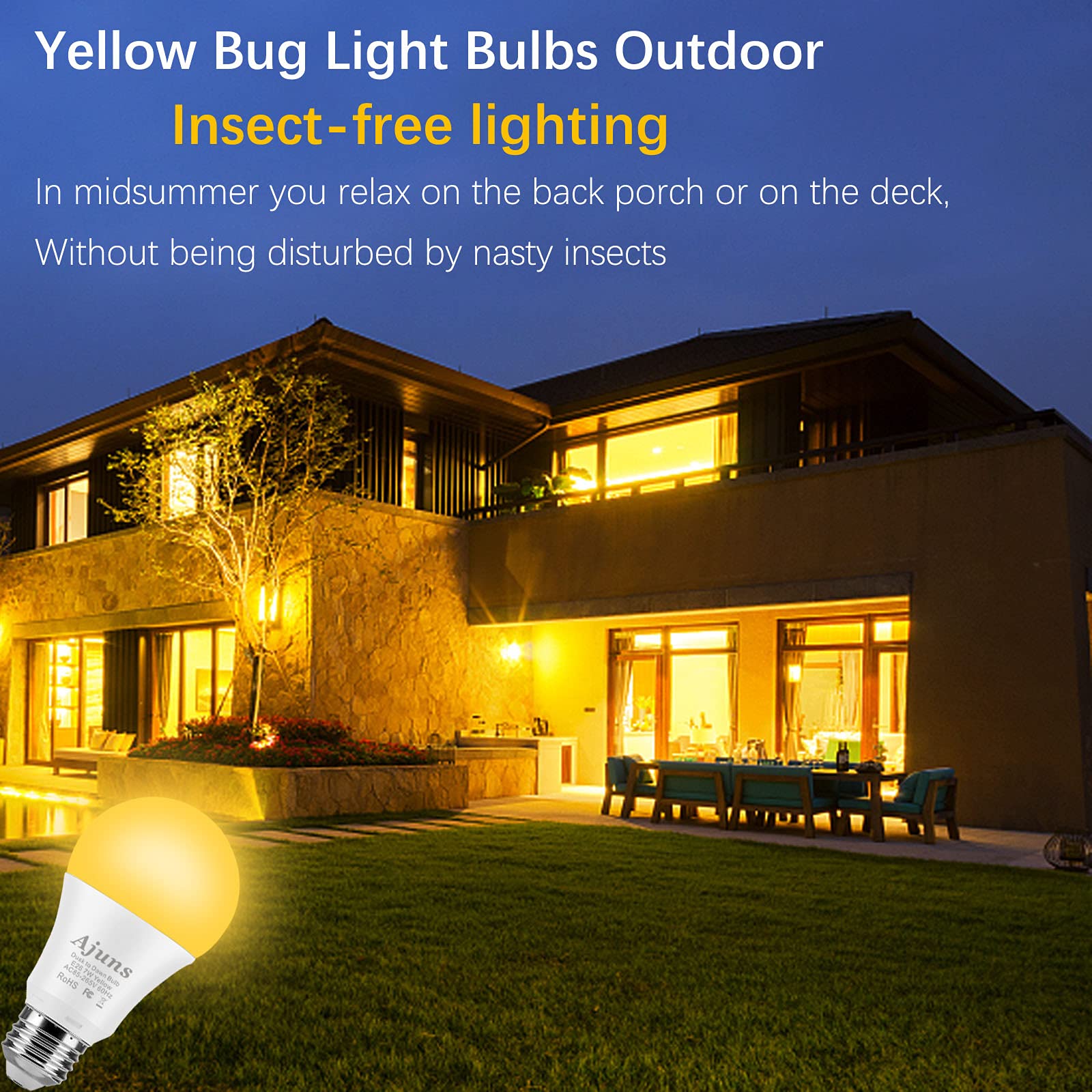 Ajuns Dusk to Dawn Bug Bulb Outdoor Sensor Yellow Bug Light Bulbs Automatic On/Off,for Terrace, Deck, Backyard, Porch, 7W Yellow Lights 2000K, 2 Packs