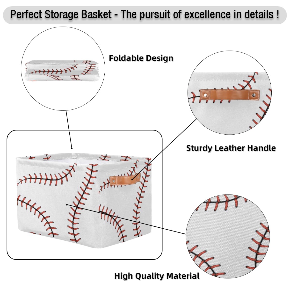 Baseball Storage Bin Basket, White Softball Large Toys Storage Cube Box with Handles, Collapsible Laundry Basket Rectangular Waterproof Storage Organizer Bin for Nursery Bedroom Shelves Gift Basket