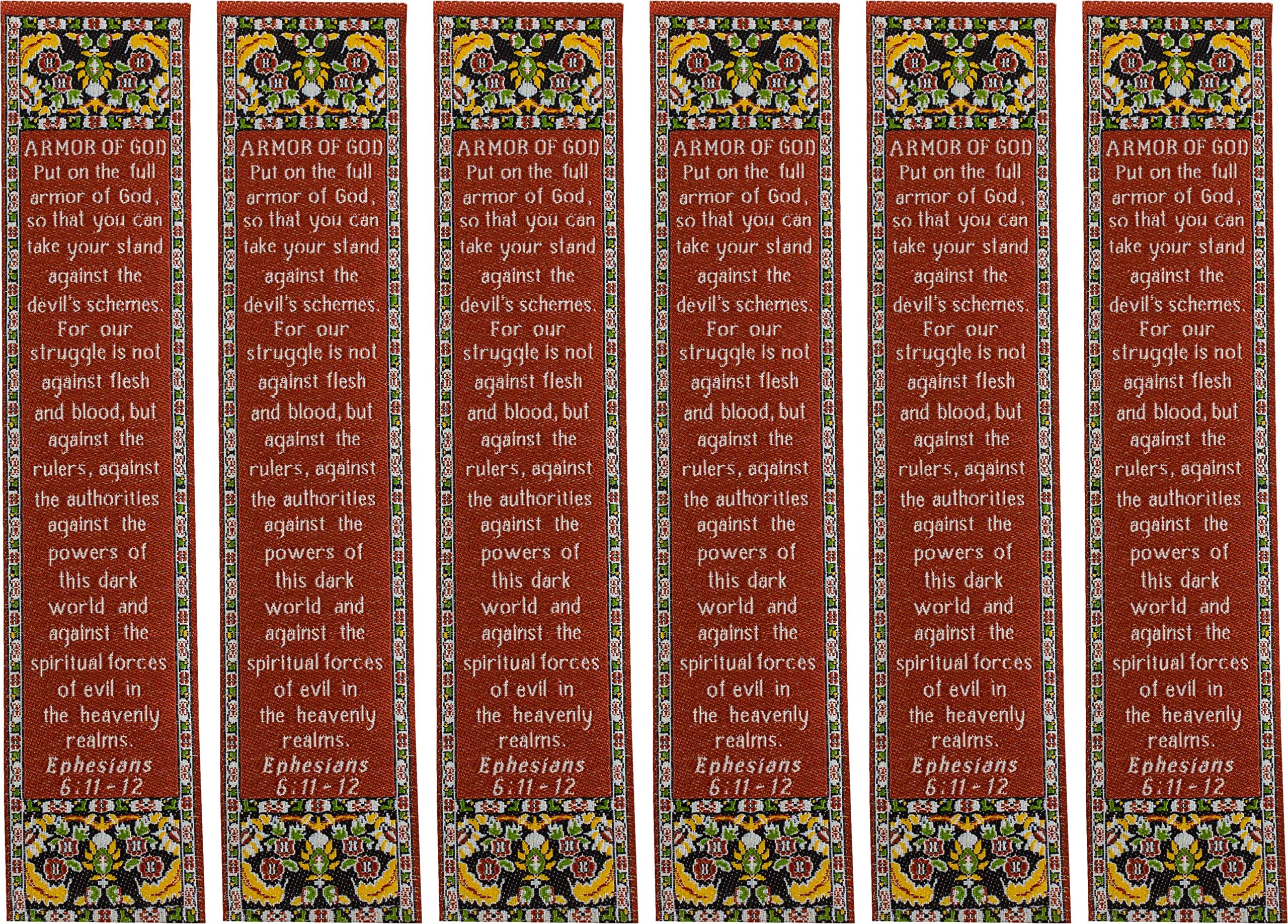 Armor of God, Bulk Pack of 6 Woven Fabric Christian Bookmarks, Silky Soft Ephesians 6:11-12 Flexible Bookmarker for Novels Books and Bibles, Traditional Turkish Woven Design, Memory Verse Gift