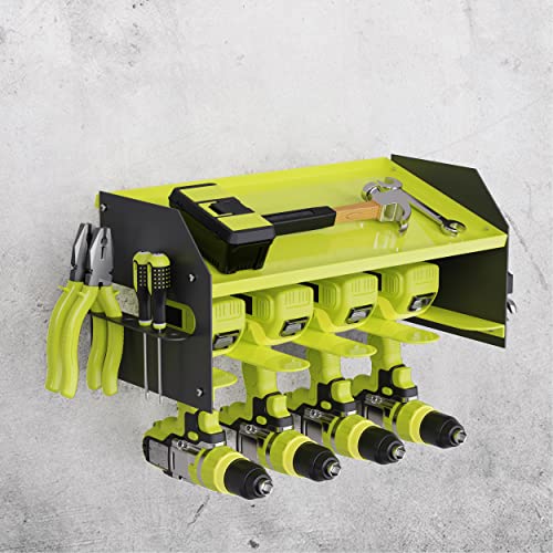 Drill Storage Rack,Power Tool Organizer Drill Holder Wall Mount, Drill Organizer for Garage, Workshop,Drill Bit Storage Shlef, Holds 4 Drills with Screws Box (Green-2 Layer)