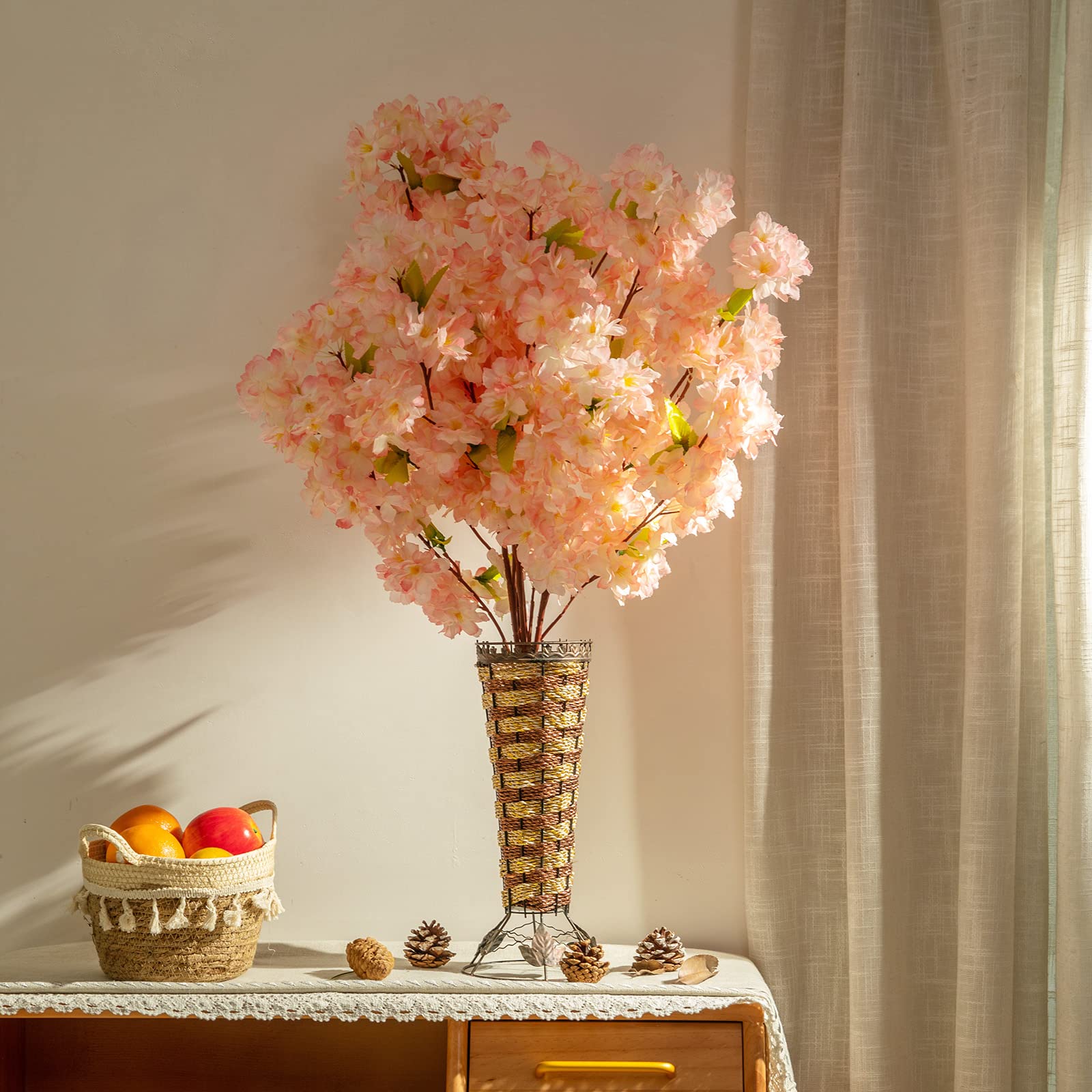 Floralsecret Artificial Cherry Blossom Flowers 4 Branches, 42.25 Inch in White Silk Cherry Blossom for Home Garden Wedding Table Centrepiece Party Event Spring Decor