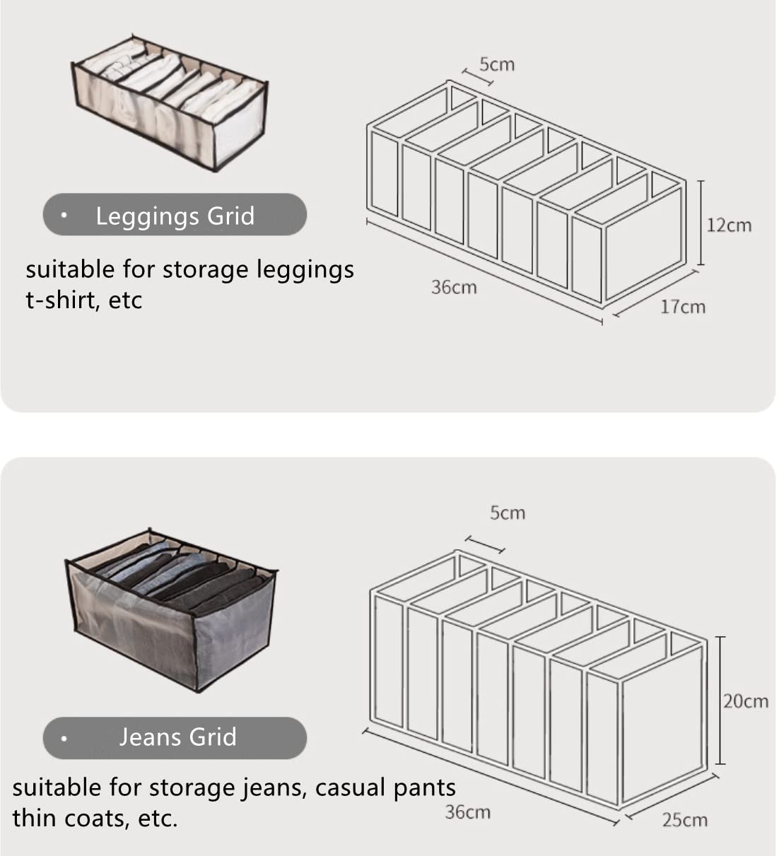 LAND CAST 2Pcs Wardrobe Clothes Organizer, 7Grid Washable Jeans Compartment Storage Box Foldable Closet Drawer Organizer Separation Box Clothes Storage bag for Pants Dress T-shirt Legging (Green, Jeans Grid)