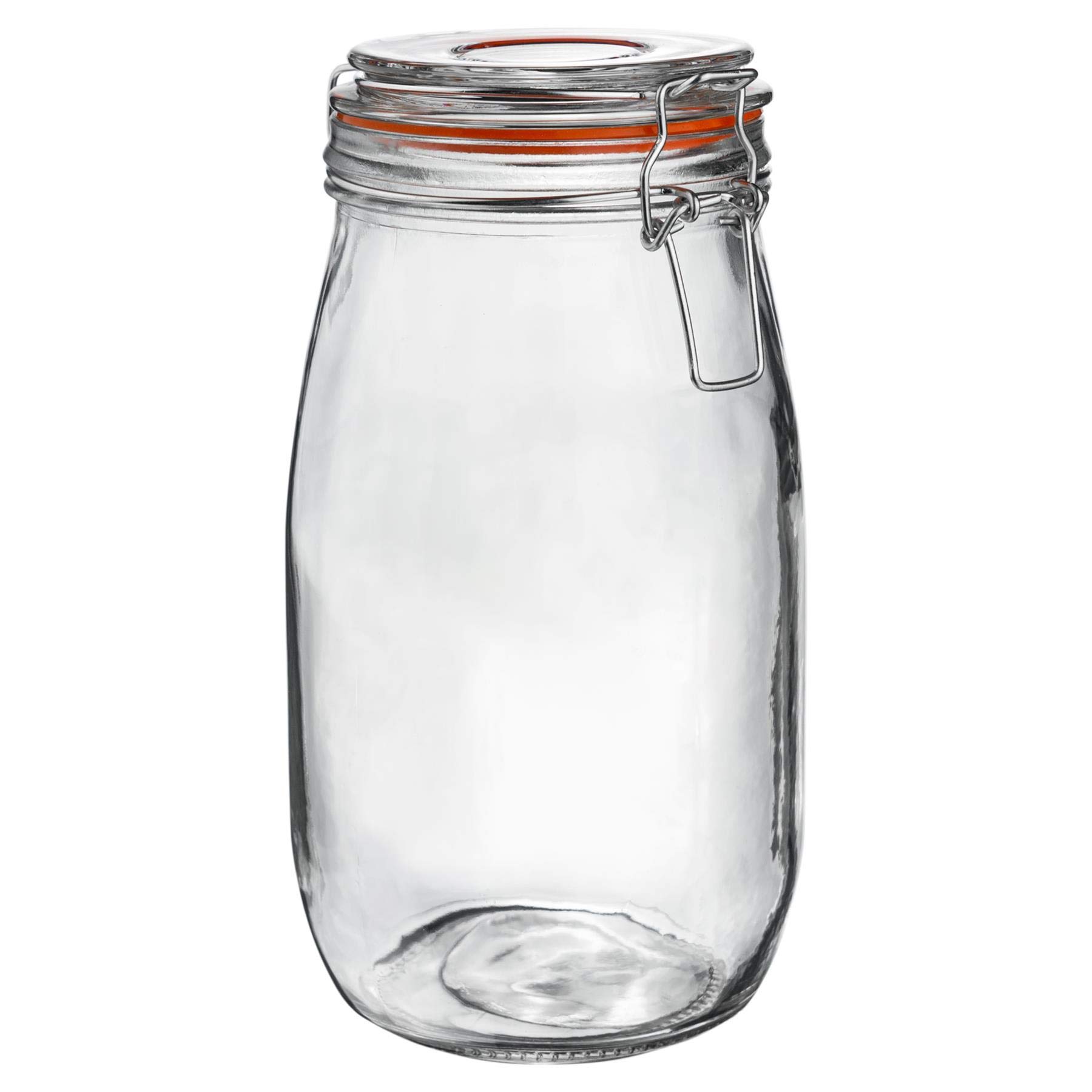 Argon Tableware 6X 1500ml (1.5 Litre) Clear Glass Storage Jars with Orange Airtight Silicone Seal and Metal Clip Lids - 50.7oz Large Empty Kitchen Containers