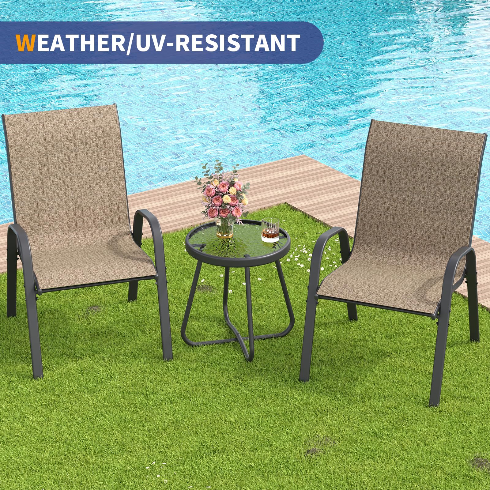 Amopatio 3 Piece Patio Set, Outdoor Stackable Dinging Chairs for All Weather, Breathable Garden Outdoor Furniture for Backyard Deck, Brown