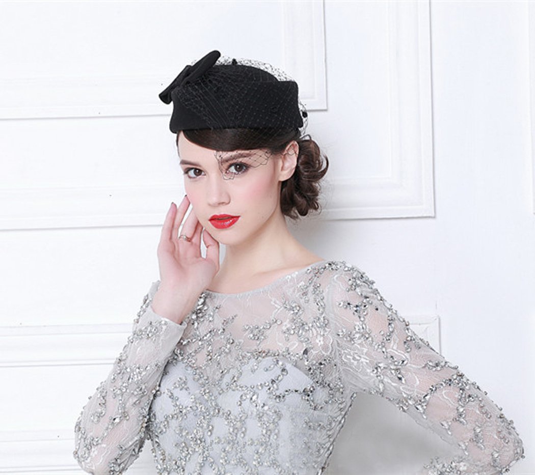 Aniwon Pillbox Hat, Wedding Hat Caps with Veil Vintage Bow Fascinator Hats Caps for Women A Black