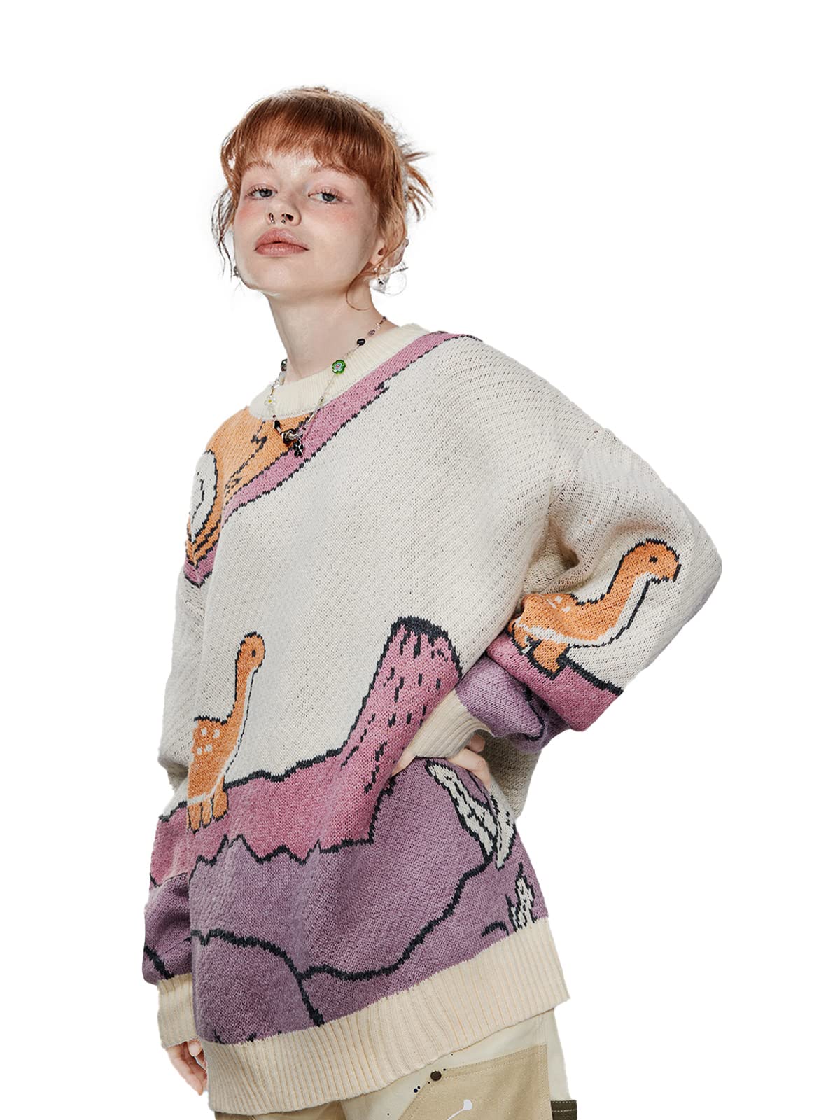 Aelfric Eden Men's Oversized Dinosaur Knit Sweater Vintage Cartoon Pullover Sweater Long Sleeve Christmas Sweater