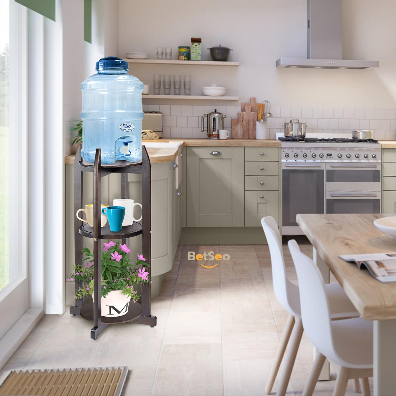 BETSEO Natural Solid Wood Water Dispenser Floor Stand (32.8" Hight-11.2" Wide) Drink Dispenser Floor Stand with 3 Round Shelfs Included for 1-5 Gallon Water Bottles/Crocks, Water Jug (Walnut Color)