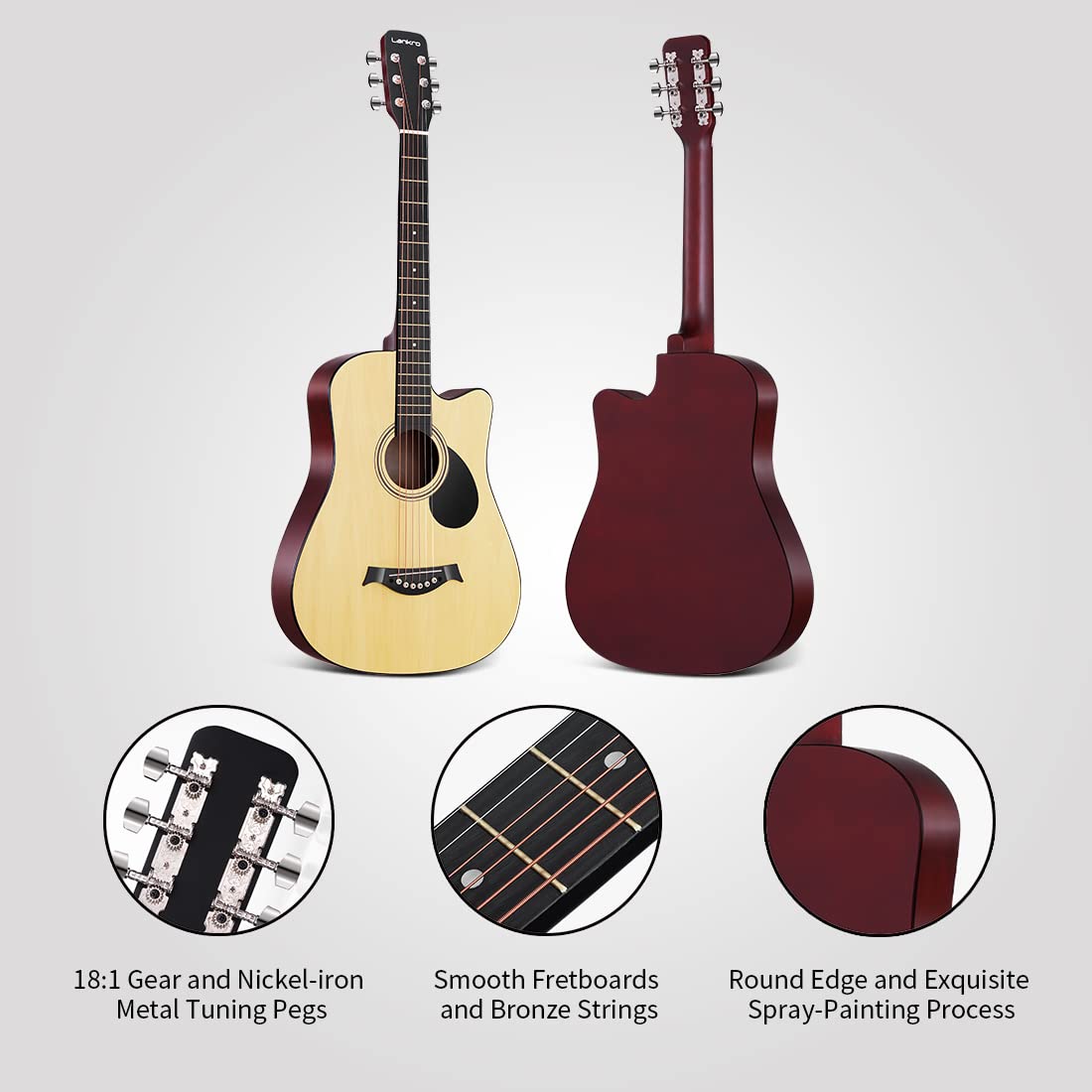 Lankro 38 in Guitar Acoustic Guitar Beginner kit Adult Cutaway Acoustic Guitar Guitarras Starter Set Bundle with Padded Gig Bag, Strap, Capo, Strings, Picks