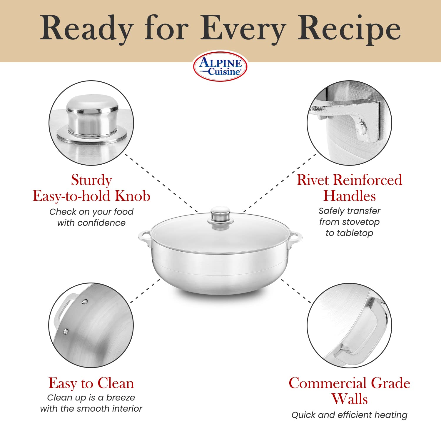 Alpine Cuisine 13-Quart Aluminum Caldero Stock Pot with Glass Lid, Cooking Dutch Oven Performance for Even Heat Distribution, Perfect for Serving Large & Small Groups, Riveted Handles Commercial Grade
