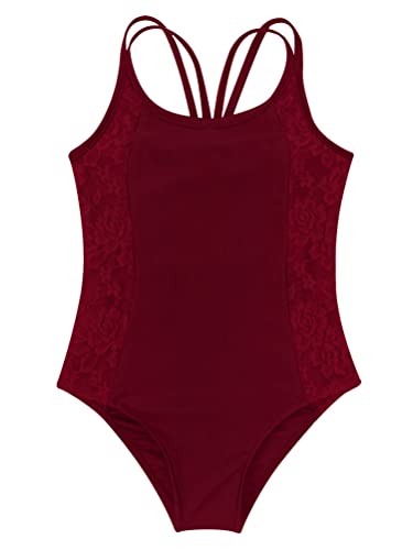 Aislor Kids Girls Ballet Dance Gymnastics Leotards Sleeveless Lace Patchwork Straps Hollow Back Unitard Bodysuit Rompers Burgundy 10 Years