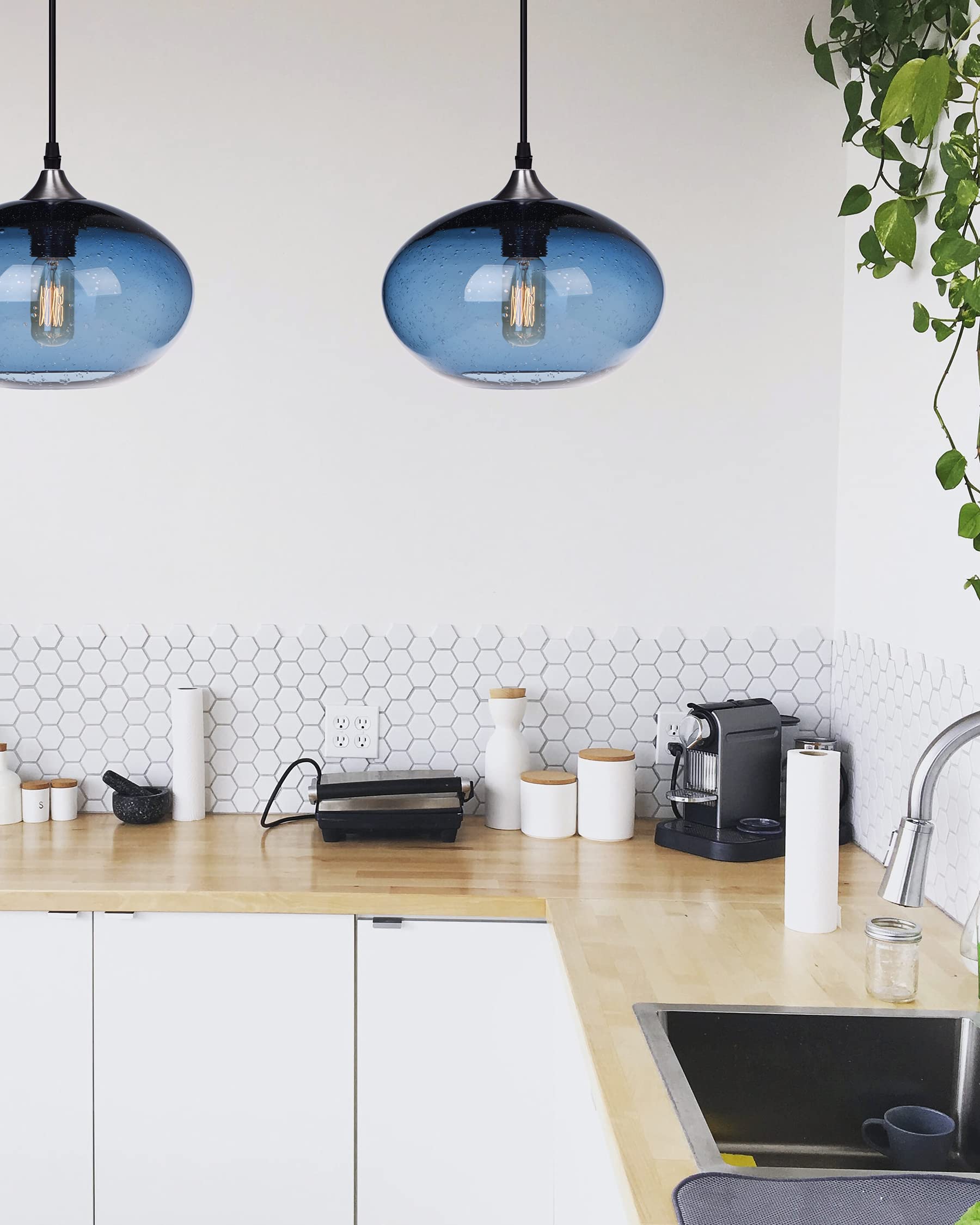 ARIAMOTION Pendant Lighting for Kitchen Island Blown Glass Blue Modern Seeded Bubbles Mini Light Fixtures Dining table Bathroom Bedroom Sink Brushed Nickel 8.5 inch Diam 2 Pack