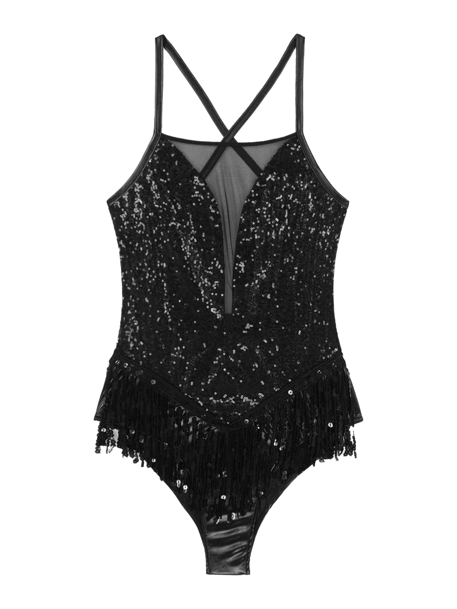 Aislor Women's Sparkly Sequin Tassel Bodysuit Fringes Latin Dance Leotard Samba Rumba Performance Jumpsuit White Small