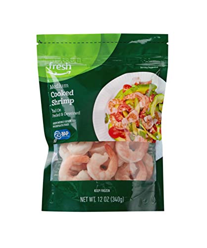 Amazon Fresh Brand, Cooked Medium Peeled & Deveined Tail On Shrimp, Frozen, Responsibly Sourced, Phosphate Free, 12 Oz, (41-50 Count/Pound),