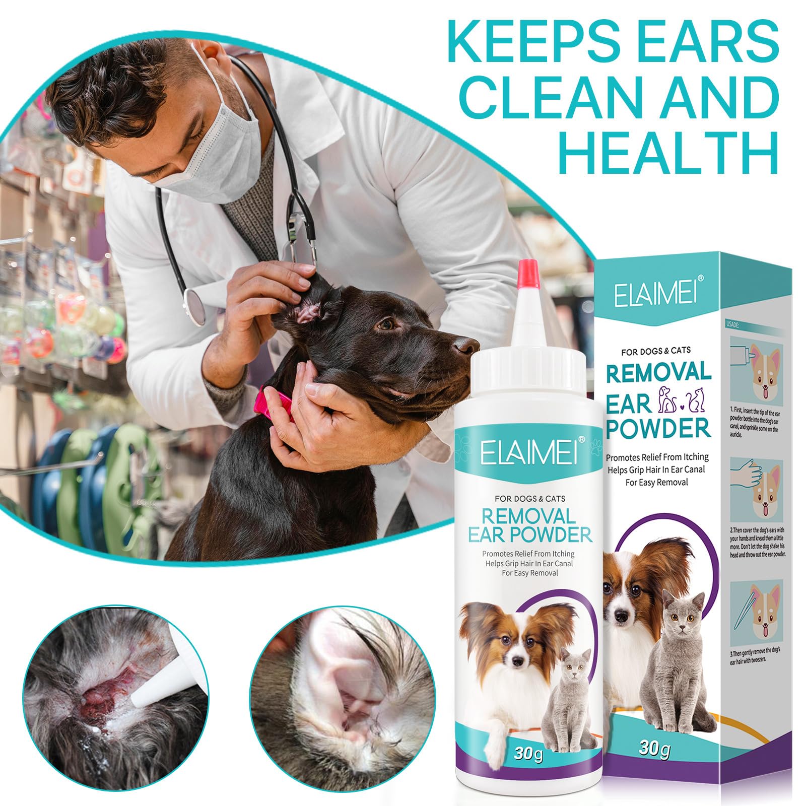 TIBLACK Removal Ear Powder for Pets, Dog Ear Cleaner, Removes Irritation, Itching and Infection, Reduce Ear Scratching and Head Shaking, Pets Ear Infection Treatment, Cleans & Remove Odors