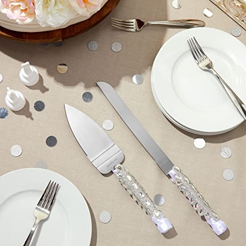 Stainless Steel Wedding Cake Knife and Server Set for Cake Cutting Ceremony, Embellished with Faux Crystals, Diamonds, Ribbon